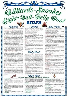BILLIARDS-SNOOKER-EIGHT BALL-KELLY POOL-NINE BALL rules poster 2024 ...