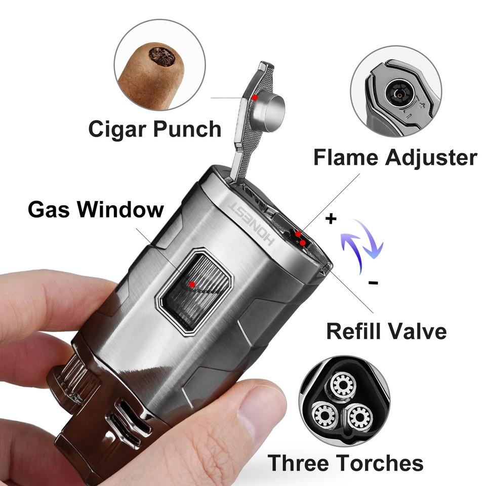Metal Cigar Lighter Butane 3 Torch Jet Flame Lighter With Cigars Punch ...