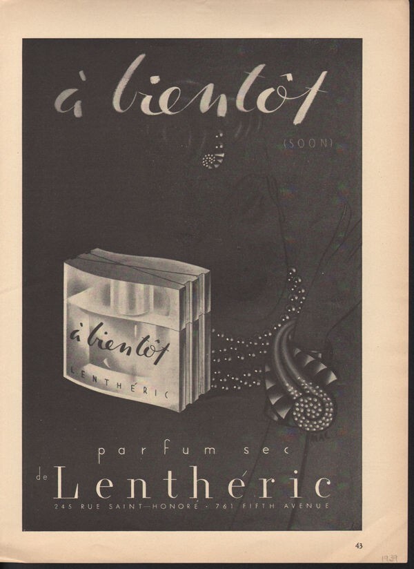 1939 LENTHERIC PERFUME BIENTOT PARIS DECO JEWELRY BEAUTY WOMAN BOTTLE ...
