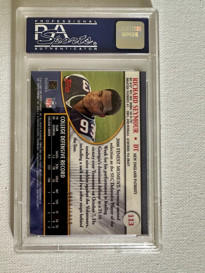 Richard Seymour PATRIOTS 2001 Topps Finest #113 Rookie Card #/1000 Rc ...