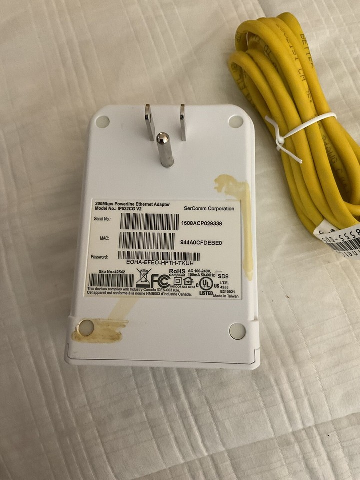 SerComm IP522CG V2 200Mbps Powerline Ethernet Adapter With Internet ...