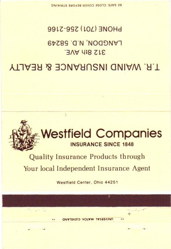 Westfield Companies, Insurance Since 1848, Agent, Vintage Matchbook ...