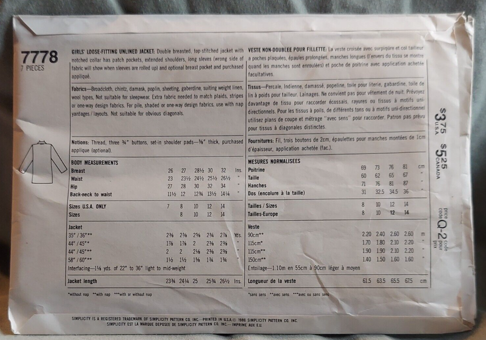 Vintage Simplicity 7778 Sewing Pattern Girls' Unlined Jacket Size 12 ...