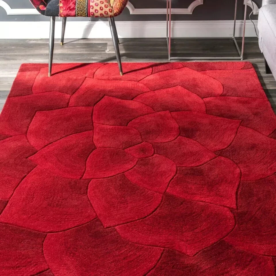 Hand Tufted Red Rose Rug 100% Wool Rugs For Living Room Bedroom Hallway ...