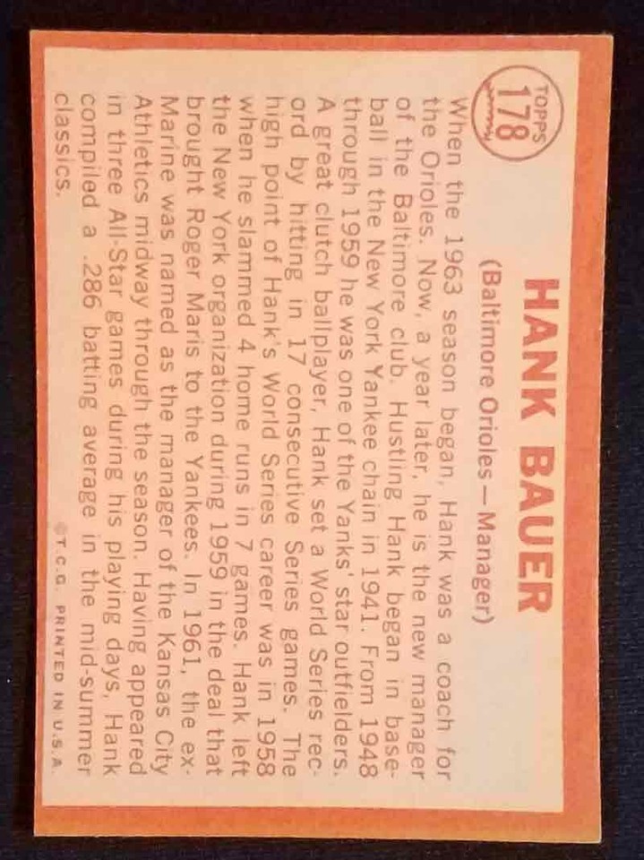 1964 Topps #178 Hank Bauer Manager Baltimore Orioles EX | eBay