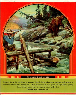 Vintage Art Print Thrilling Moments Pioneer Hunting Bear Wildlife 1940s ...