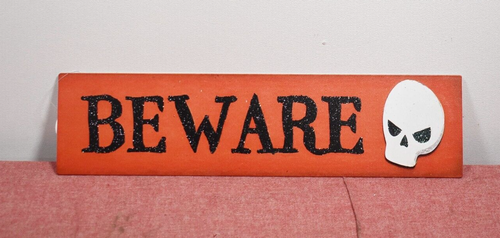 Halloween Beware Skull Metal Hanging Sign Home Décor 16"x4" | eBay