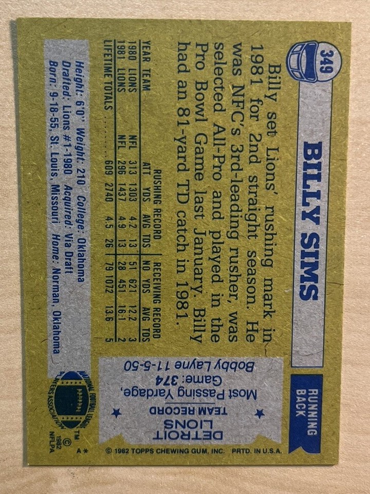 Billy Sims 1982 Topps Football Card #349, NM-MT, Detroit Lions | eBay