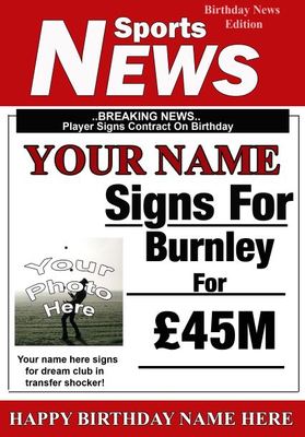 Football Personalised Burnley Birthday Greeting Card Add Photo Name age ...