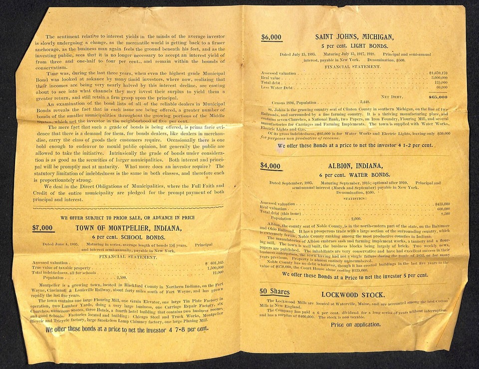 Tyler, Fogg & Company Investment Bankers Bangor, ME c1895 Circular ...