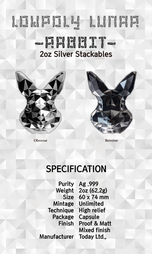 2 oz .999 Silver Lunar Rabbit Stacker Lowpoly w/ CAPSULE 2023 Komsco ...