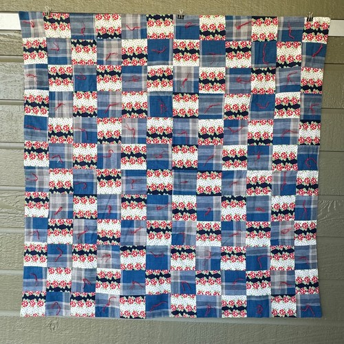 Vintage Handmade Lap Quilt Patchwork Red White Blue Floral Plaid 39x39" | eBay Australia