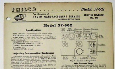 PHILCO ® Model 37-602 Radio Service Sheet - 2 Pages - © 1936 - New | eBay