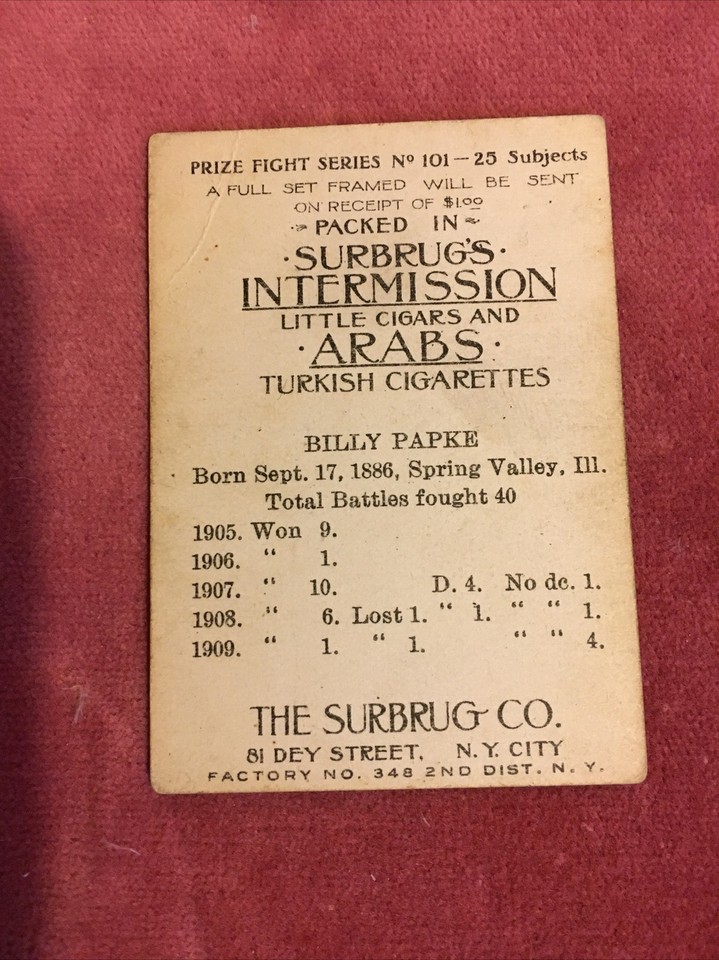SURBRUG PRIZE FIGHT BOXER CIGARETTE CARD 1911 - BILLY PAPKE | eBay