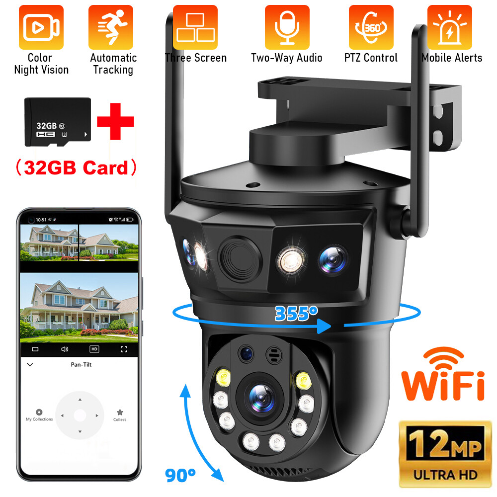 Triple Lens 12MP WiFi IP Camera Wireless Outdoor CCTV PTZ Home Security ...