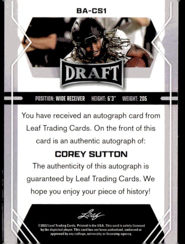 2022 Leaf Draft #BA-CS1 Corey Sutton Autographs Auto Appalachian State ...