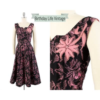 Vintage 1950s Dress 50s Rose Print Floral Rhinestone Black Cotton ...