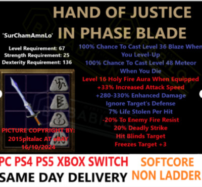 PC PS4 PS5 XBOX SWITCH NON-LADDER Hand of Justice HOJ Diablo 2 ...