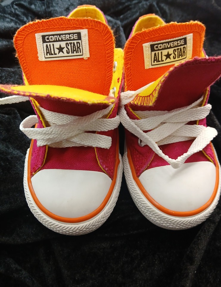 Kids CONVERSE All Stars pink, yellow .orange lace up sneakers Size ...