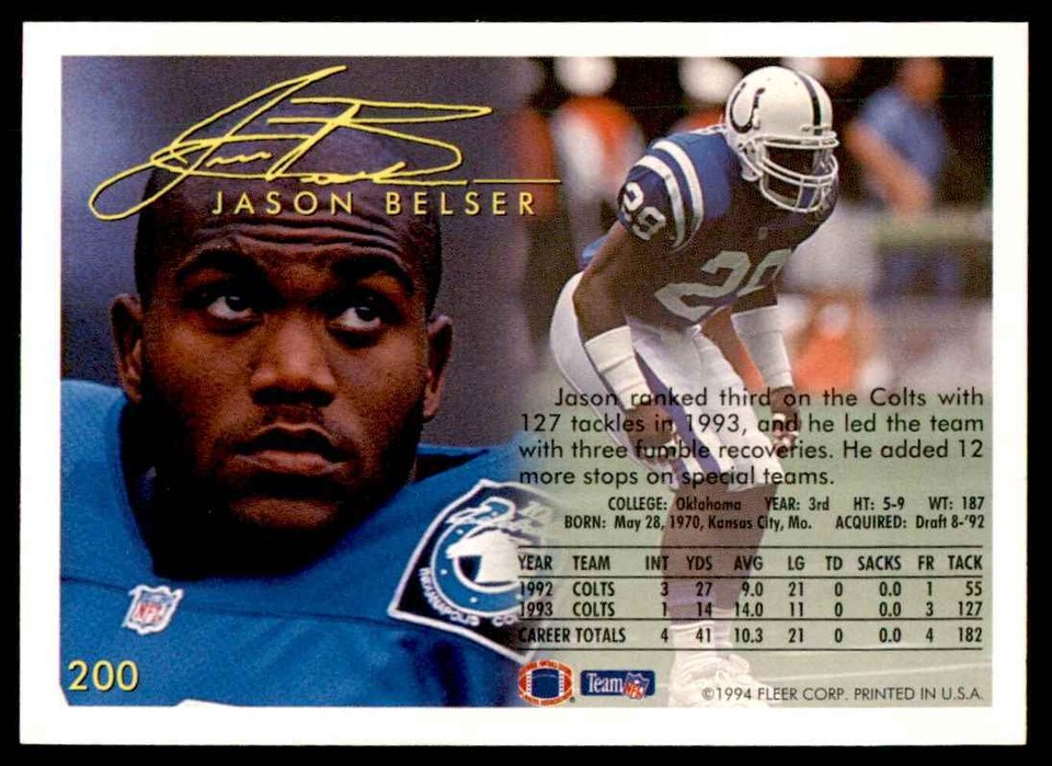 1994 Fleer Jason Belser Indianapolis Colts #200 | eBay