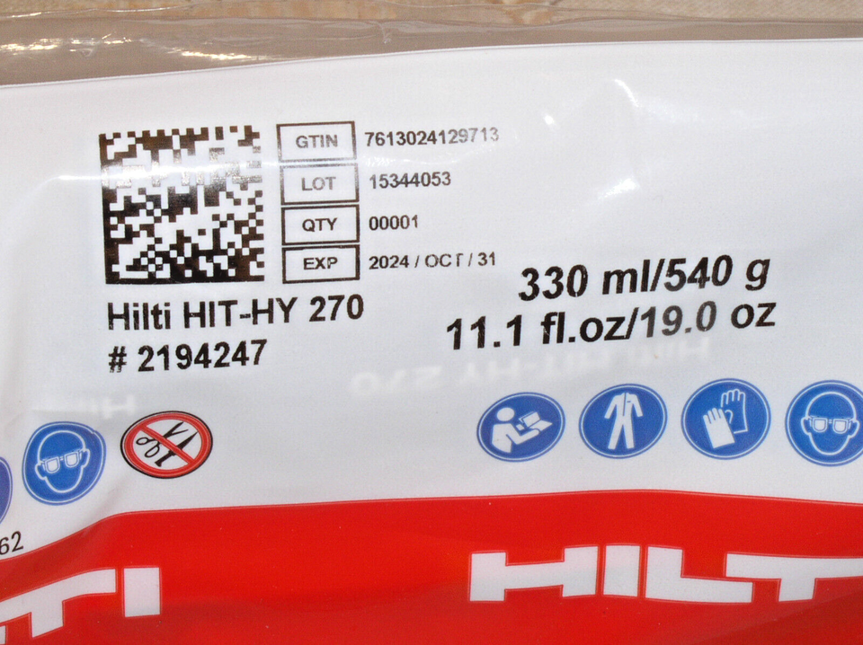1 SEALED HILTI HIT-HY 270 HYBRID CHEMICAL ADHESIVE ANCHOR 11.1 OZ OCT ...