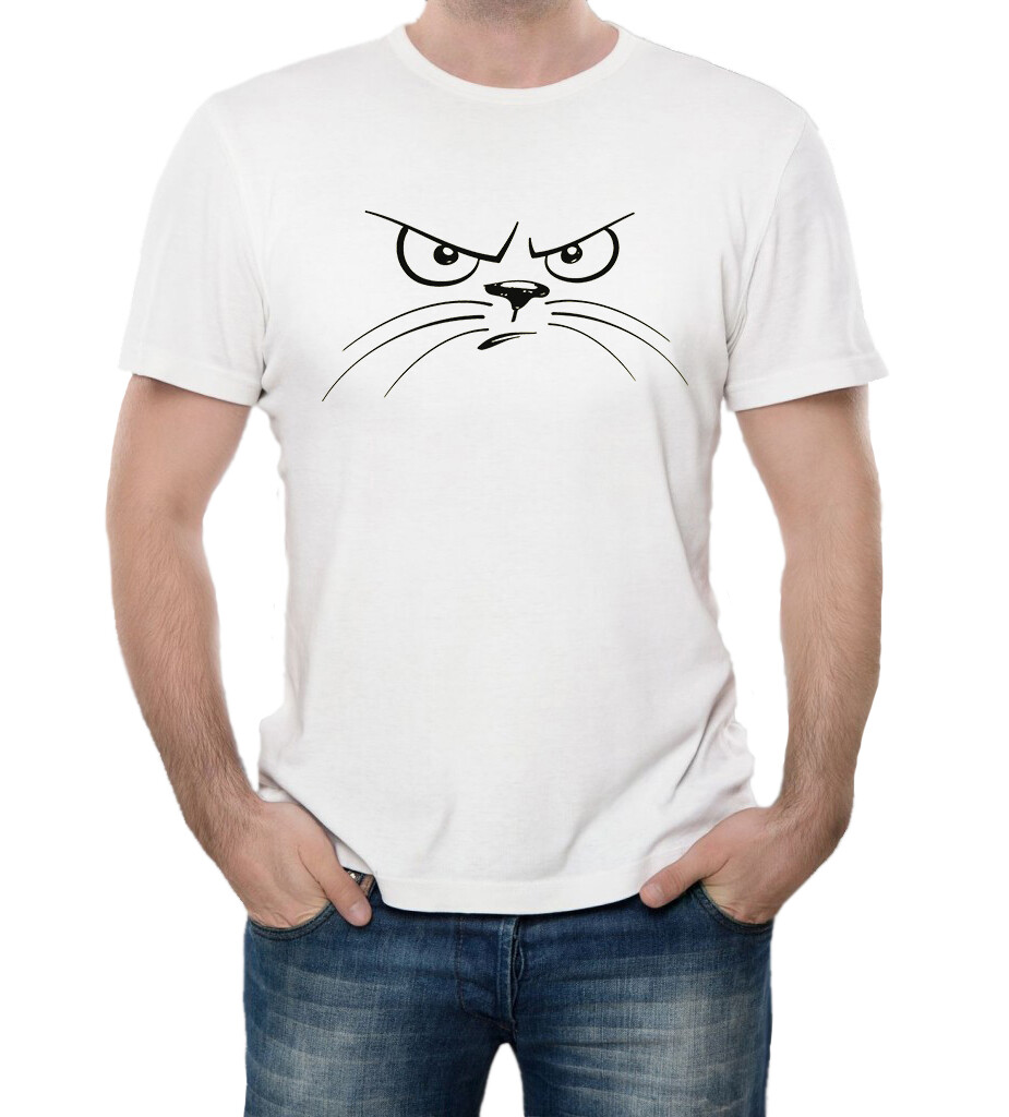 Mad Cat Face Funny Minimalistic Logo Printed White Cotton Men's T-shirt ...