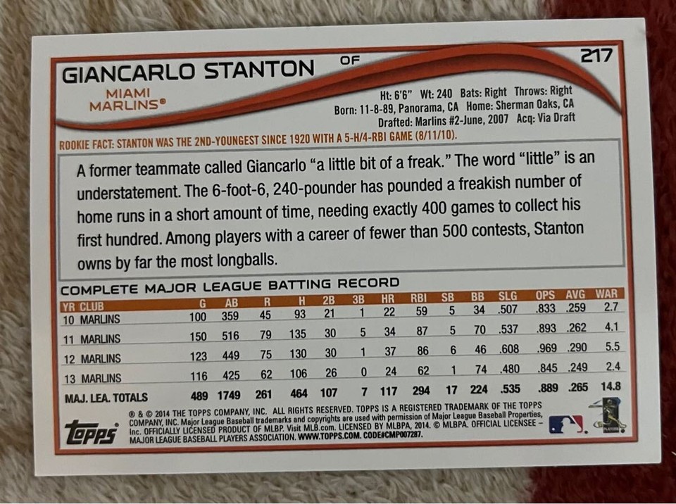 Topps 2014 MLB Trading Card Giancarlo Stanton Mariners Rookie NY ...