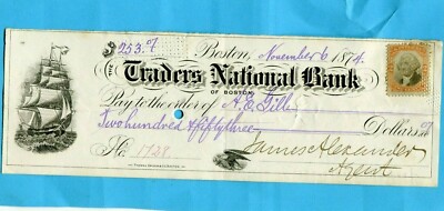 1874 CHECK THE TRADERS NAT BANK BOSTON MA JAMES ALEXANDER SAILING SHIP ...