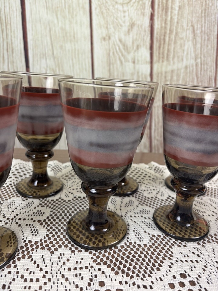 Vintage 7 Sango Nova Brown Libby Water/Wine Goblets Pedestal Glass MCM ...
