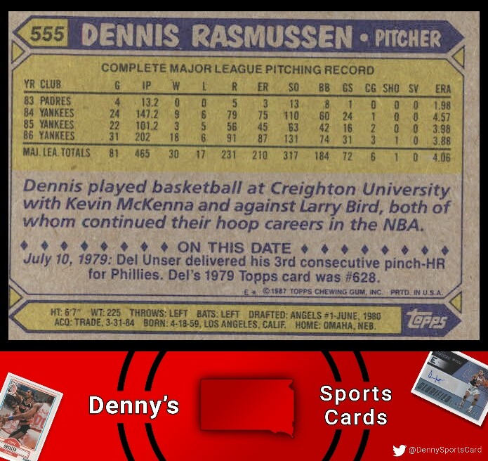 1987 Topps #555 Dennis Rasmussen New York Yankees Baseball Card | eBay