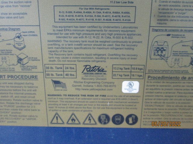 Yellow Jacket R60A Oil Less Refrigerant Recovery System for sale online ...
