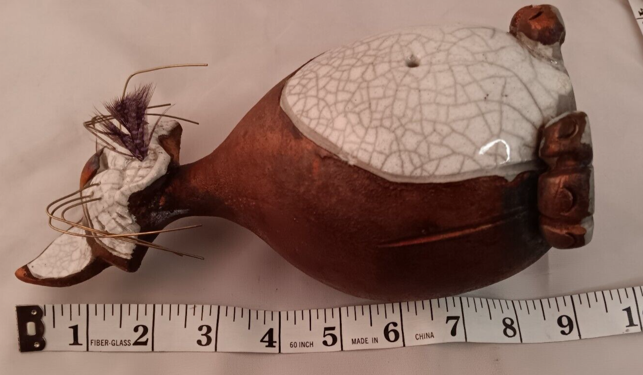 Round Tree Pottery Raku Naughty Cat with Feather Figure signed Nolan ...