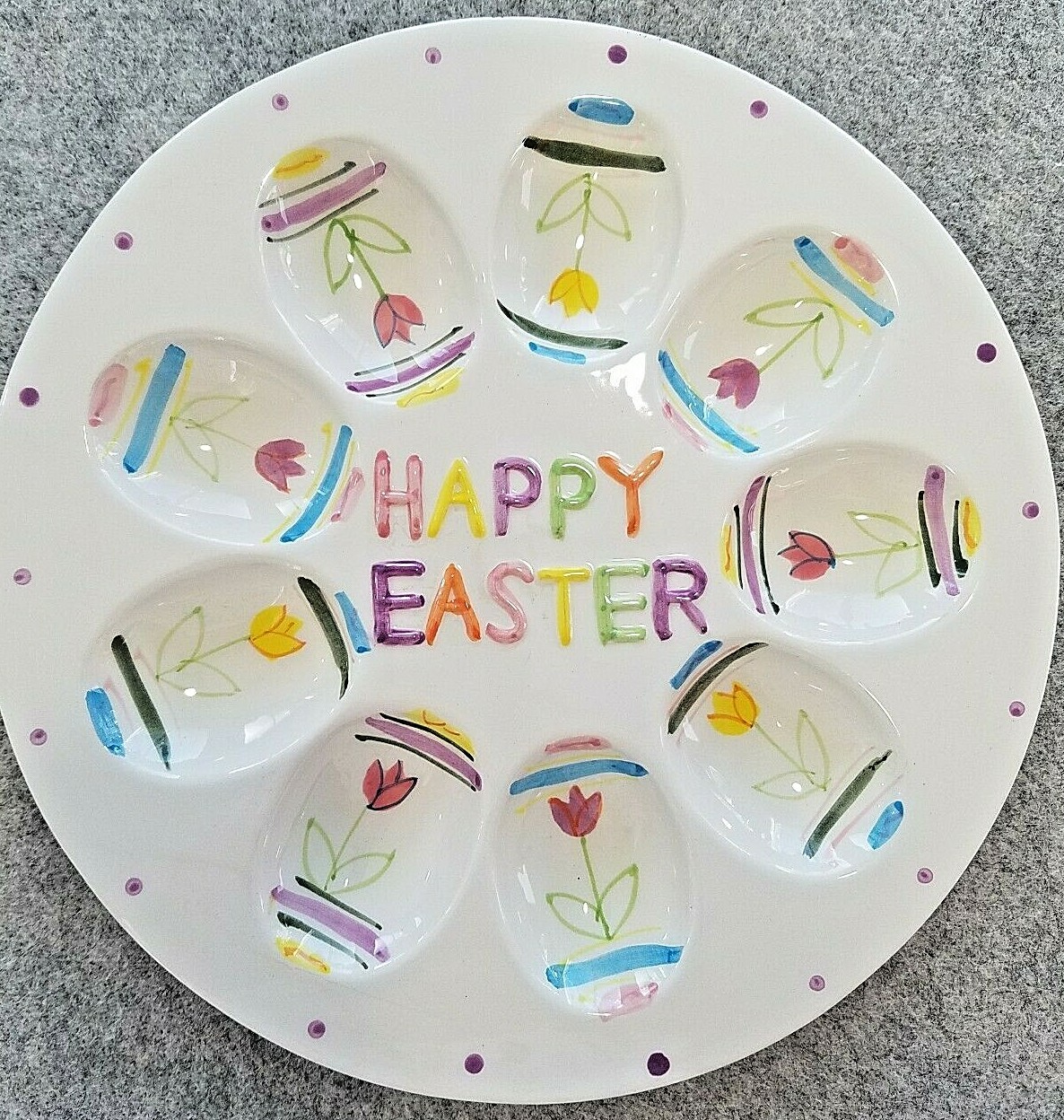 Easter Deviled EGG PLATE 10" Cheery Spring Multicolor Floral on cream ...