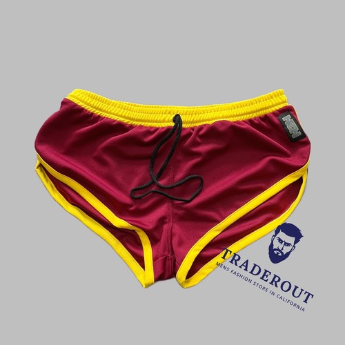 N2N Bodywear Men Cardinal red golden boy gym erotic split mesh shorts ...