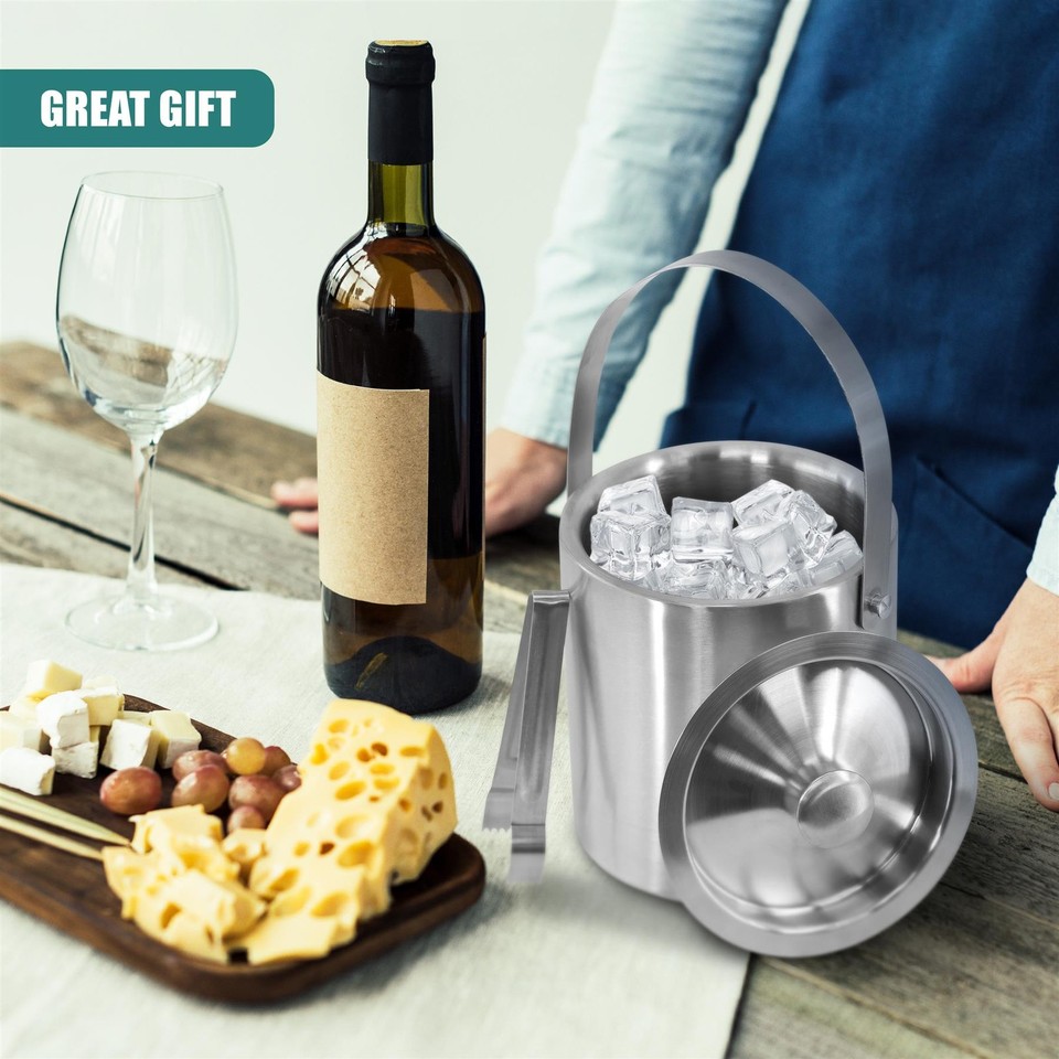 Stainless Steel Ice Bucket With Tongs Double Walled Insulated Large ...