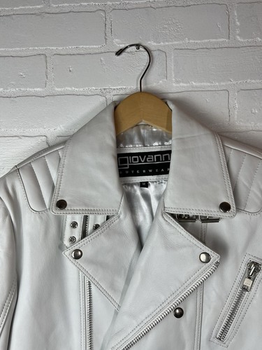 Giovanni Outerwear Men’s White Leather Jacket Double Breasted Padded ...