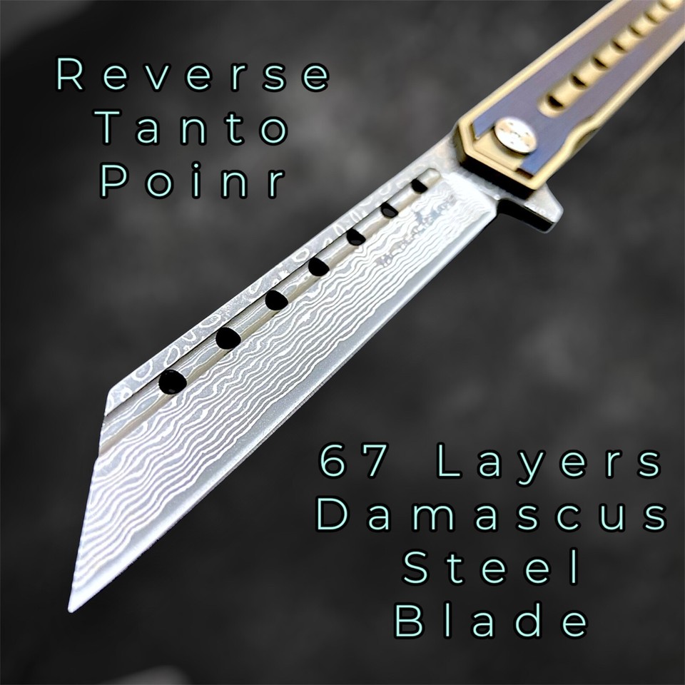 Full Tc4 Titanium EDC Folding Knife! Damascus Steel Tanto Blade! Ball ...