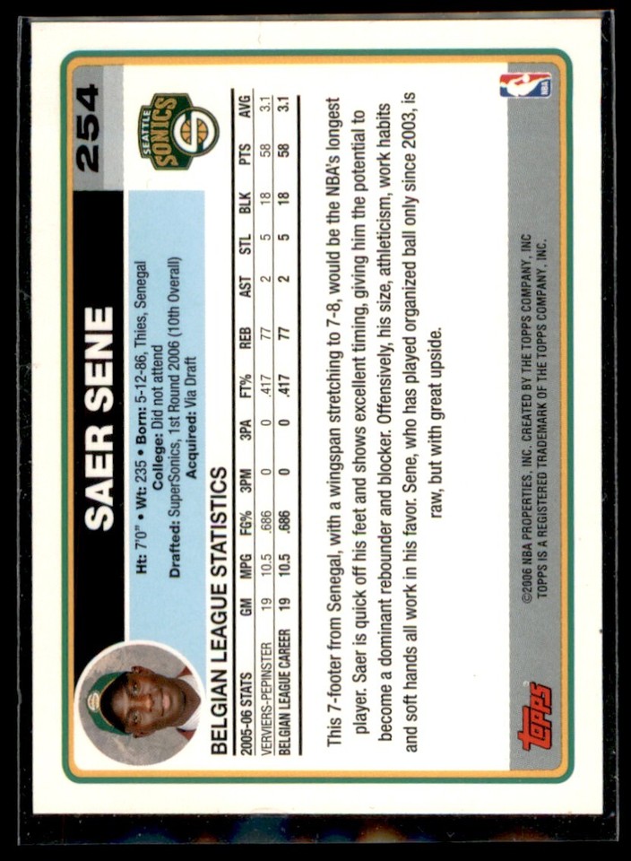 2006-07 TOPPS SAER SENE RC SEATTLE SUPERSONICS #254 | eBay