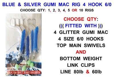 BLUE & SILVER GUMI MAC RIG 4 HOOK 6/0 SEA FISHING LURES POLLOCK COD ...