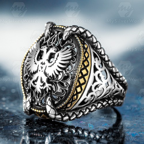 925 Sterling Silver Claw Design Albanian Double Headed Eagle Men's Ring | eBay