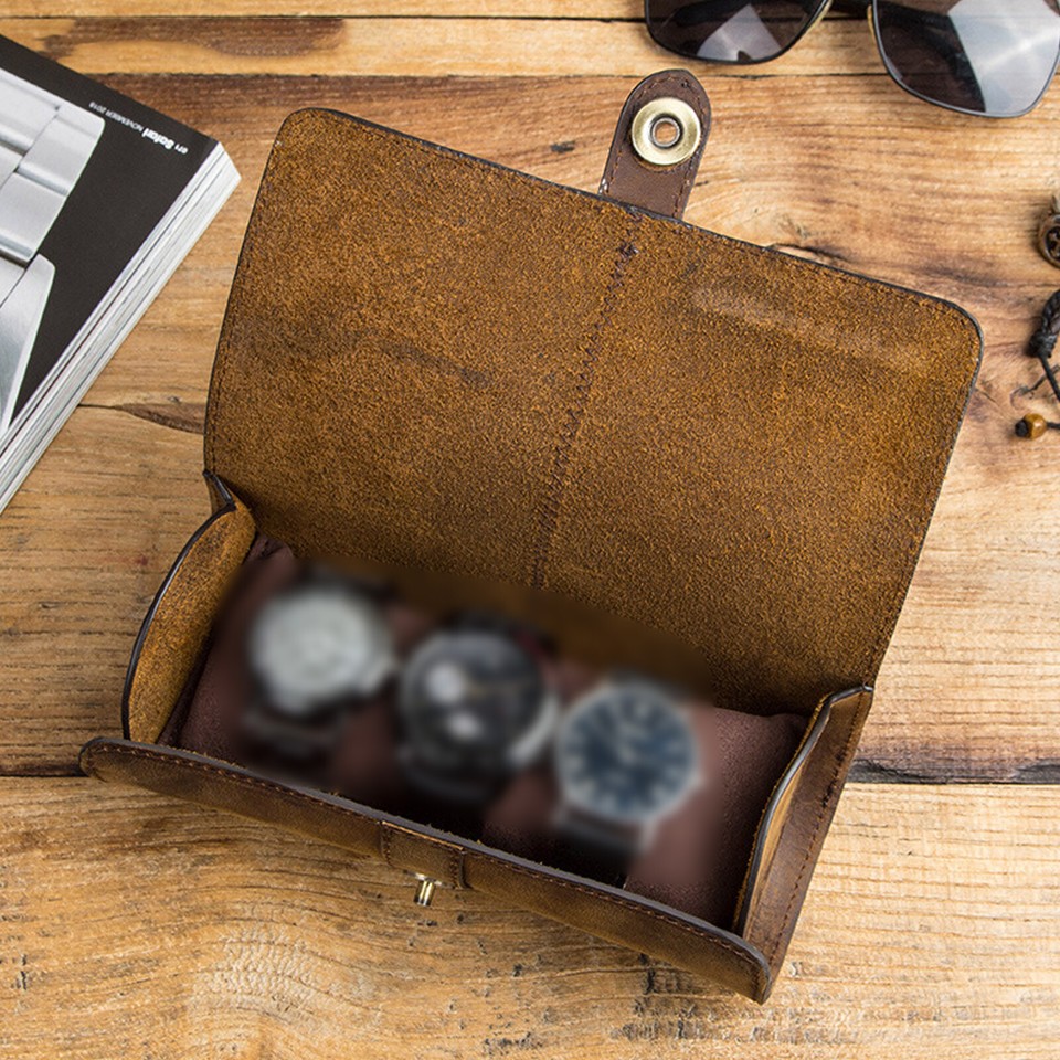 Genuine Leather Watch Roll Travel Box 3 Slot Wrist Watches Display ...
