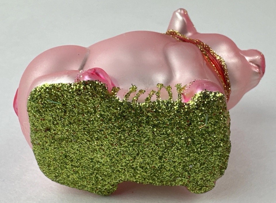 Glass Christmas Ornament Pink Pig W/ Red Bow Glitter Poland Impulse | eBay
