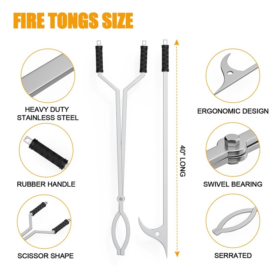 40" Fire Tongs Fire Pit Tongs Set, 40" Fire Poker Set Stainless Steel ...