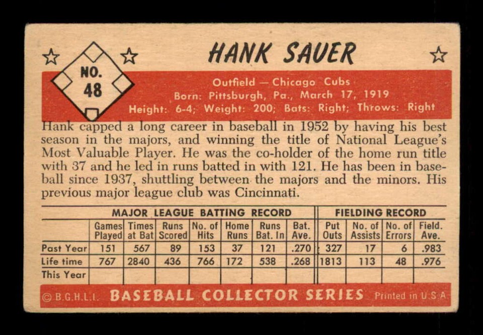 1953 Bowman Color #48 Hank Sauer VG X2738569 | eBay