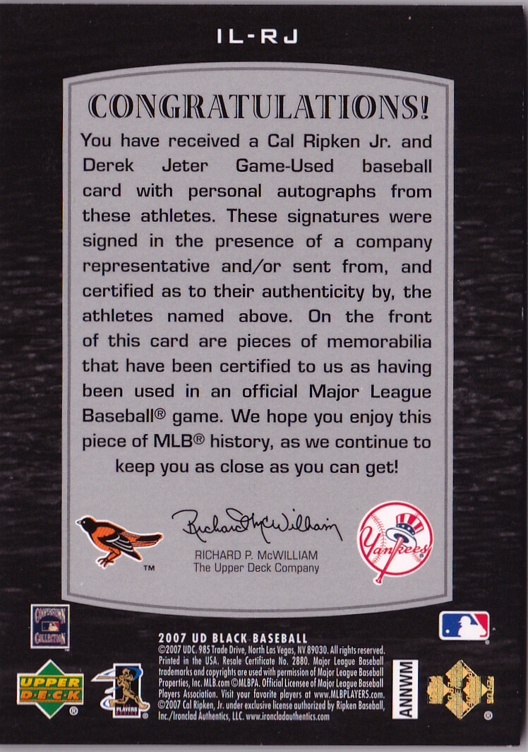 2007 UD Black DEREK JETER CAL RIPKEN JR Auto Dual Patch Jersey Card #d ...