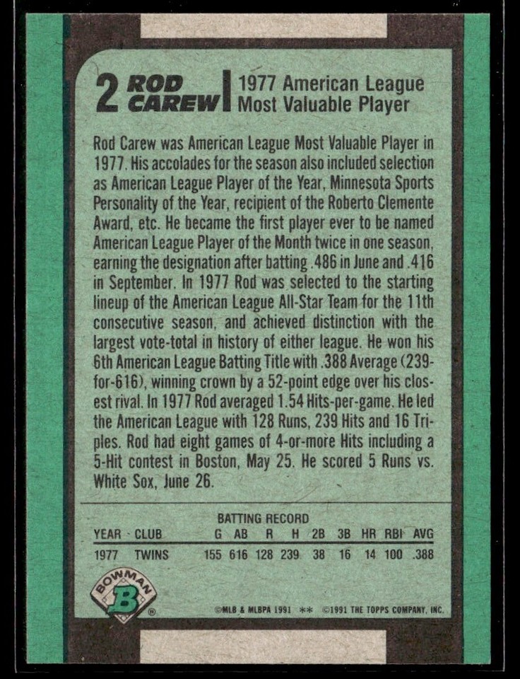 1991 Bowman #2 Rod Carew II Minnesota Twins | eBay