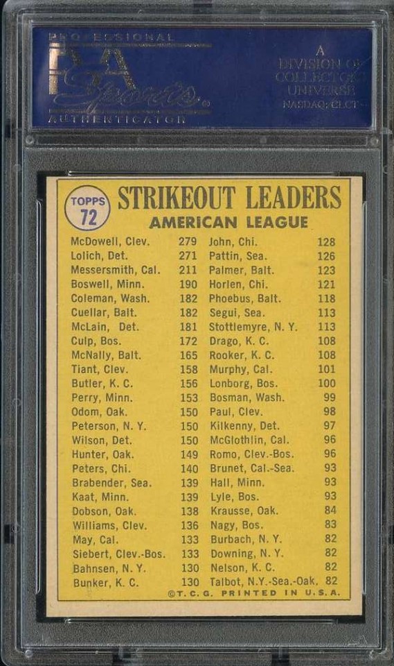 1970 TOPPS #72 MCDOWELL/LOLICH/MESSERSMITH PSA 8 AL STRIKEOUT *B70006 ...