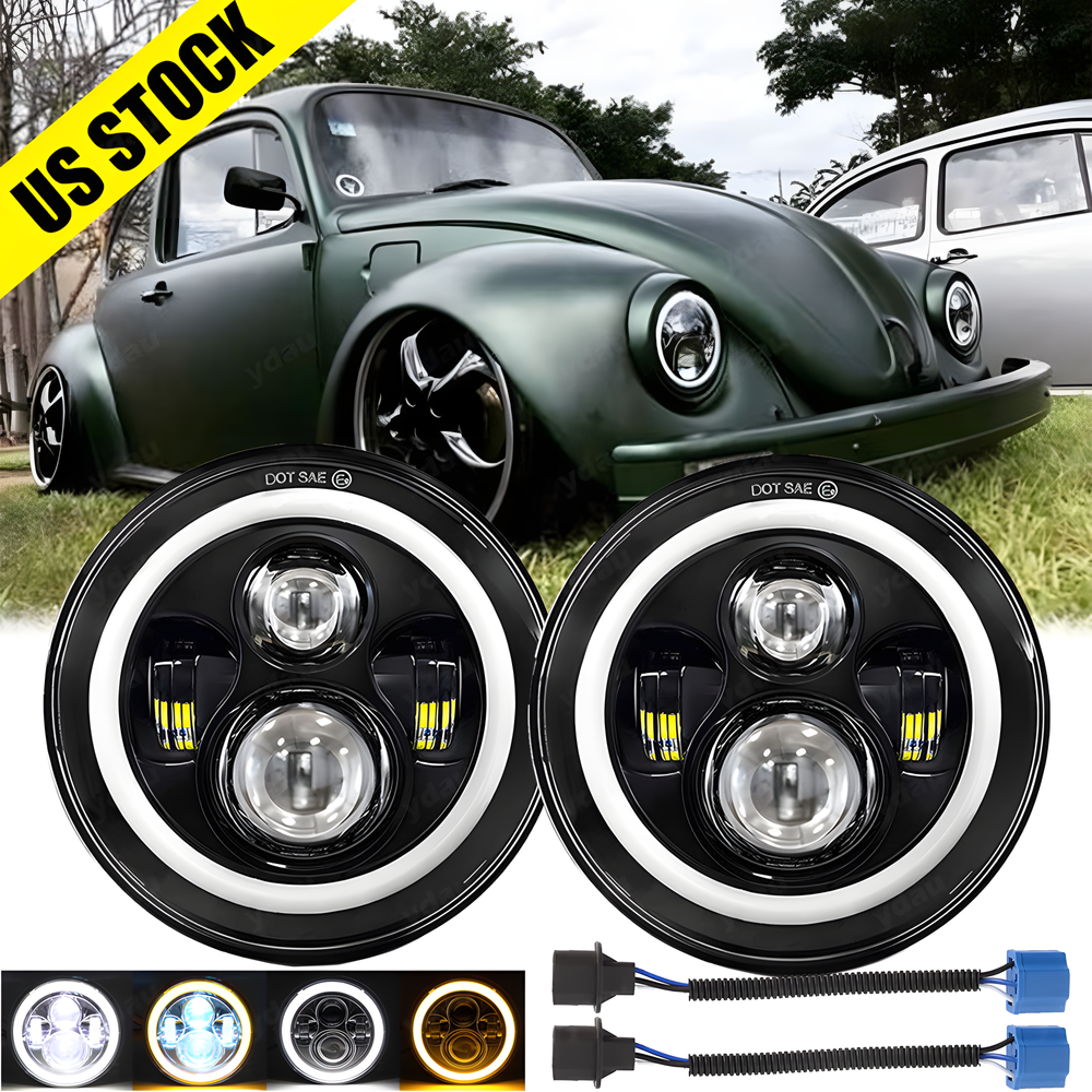 7" Inch Round LED Headlights Hi/Lo Beam Halo Angle Eyes for VW Beetle ...