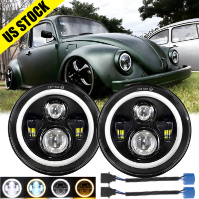 7" Inch Round LED Headlights Hi/Lo Beam Halo Angle Eyes for VW Beetle ...