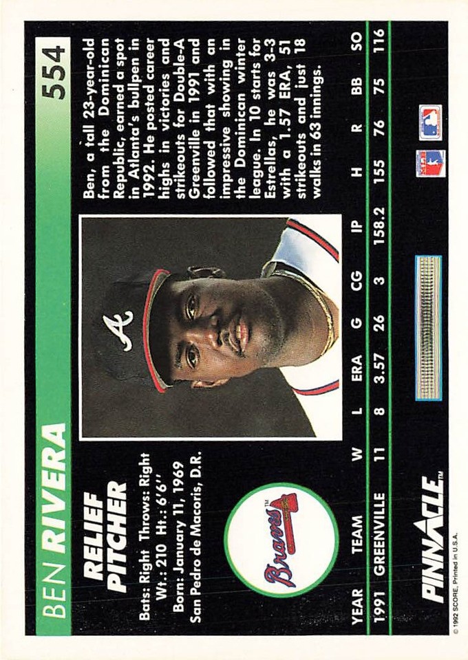 Ben Rivera #554 1992 Pinnacle Atlanta Braves | eBay